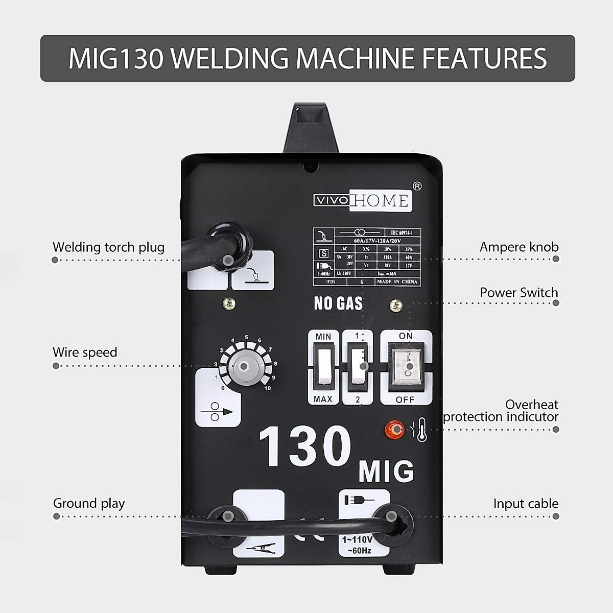 VIVOHOME Portable Flux Core Wire No Gas MIG 130 Welder Machine 110V Black with Iron Rolling Welding Cart with 4 Drawers Wheels and Tank Storage Combo Set