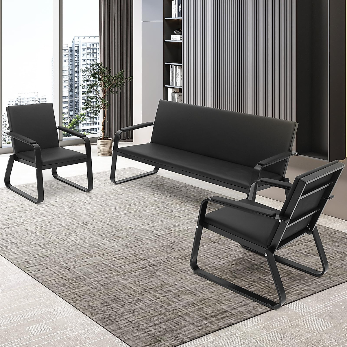 Bestmart PVC Leather 3PCS Office Reception Sofa Set Executive Side Waiting Room Visitor Guest Sofa,Dark Black