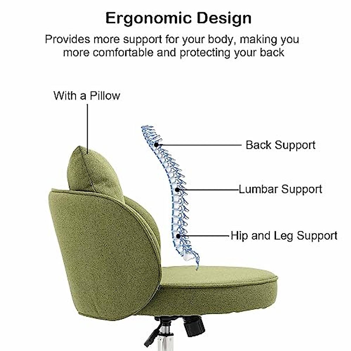 Pvillez Office Desk Chair No Wheels Polyester Fabric Armless Home Office Desk Chair Office Chair Vanity Chair Adjustable Swivel Home Office Computer Chair Task Chair w/Pillow&Silver Base (Green)