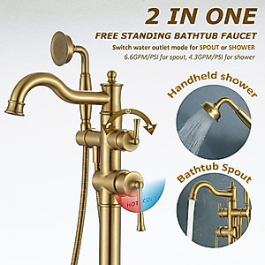 WINKEAR Freestanding Floor Mount Tub Filler with Handheld Shower Roman Bathtub Faucet by Brushed Gold Finish, Swivel Spout with Brass Rough-in and Water Hose