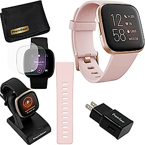 Fitbit Versa 2 Health and Fitness Smart Watch (Petal/Copper Rose) with Heart Rate Monitor, S & L Bands, Bundle with 3.3foot Charge Cable, Wall Adapter, Screen Protectors & PremGear Cloth