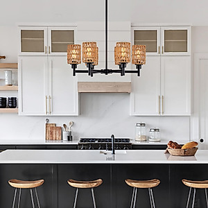 Widluth Black Chandelier Light Fixture Vintage 6-Lights Black Chandelier with Rattan Shade Industrial Boho 24.8" Hand Woven Bamboo Chandelier for Dining Room, Kitchen Island, Bedroom