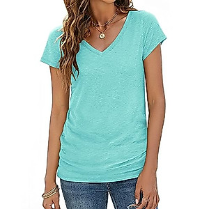 Sherosa Ladies Tops Short Sleeve V Neck Tee Shirts Cotton Plain T Shirts Basic Tees for Women Light Green S