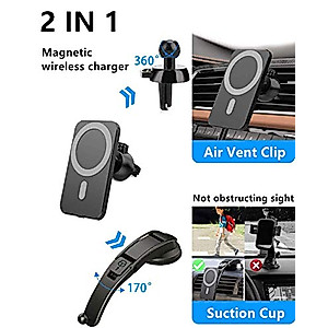 15W Magnetic Wireless Car Charger for iPhone 14/13/12/12 Pro/Pro Max/Mag-Safe Case, Qi Fast Charging Mag-Safe Car Charger Mount, Dashboard Air Vent Car Phone Holder Charger for iPhone 14/13/12 Series