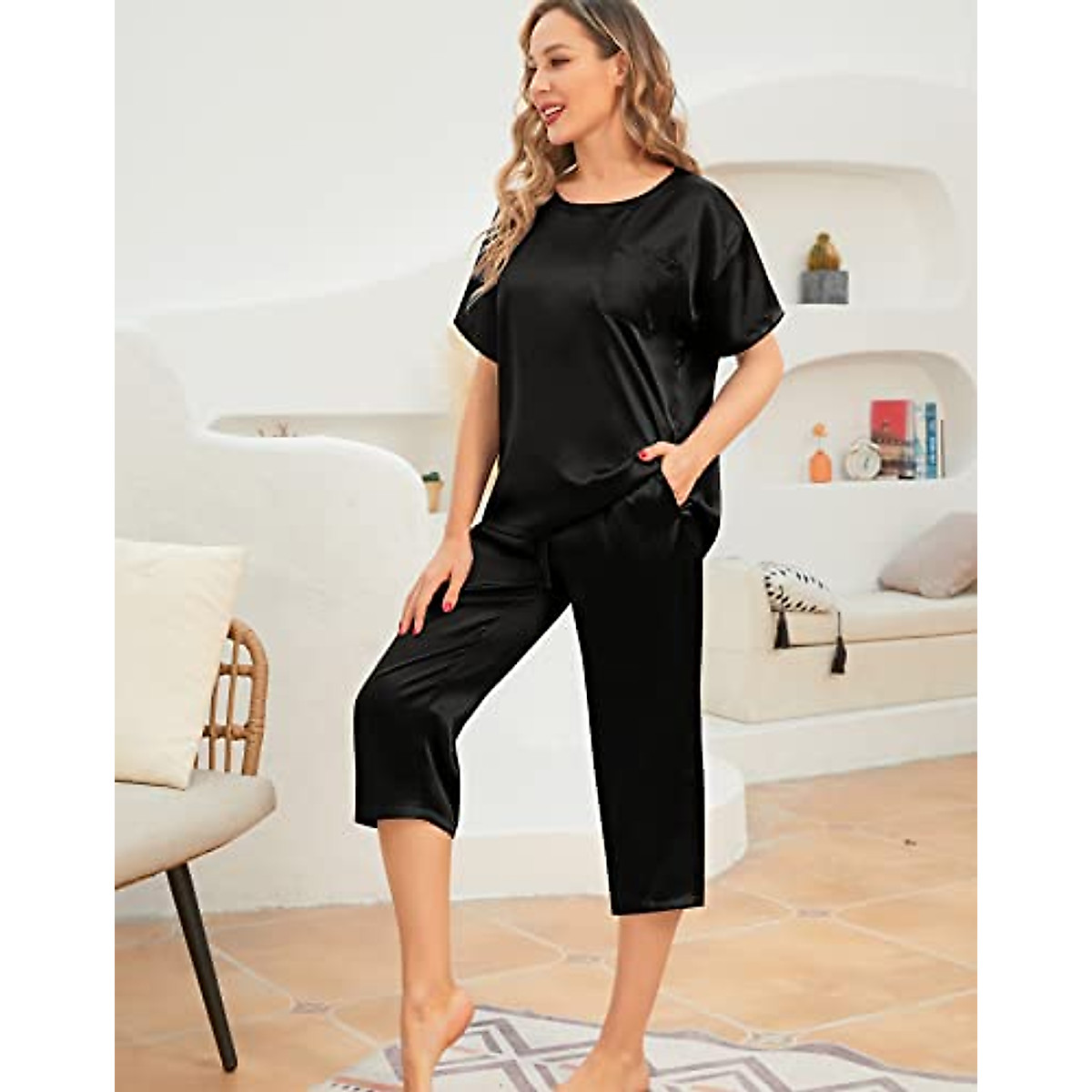 SWOMOG Womens 2 Piece Satin Pajamas Silk Short Sleeve Pjs Sets Capri Bottom Pajama Pants Soft Outfits with Pockets Black