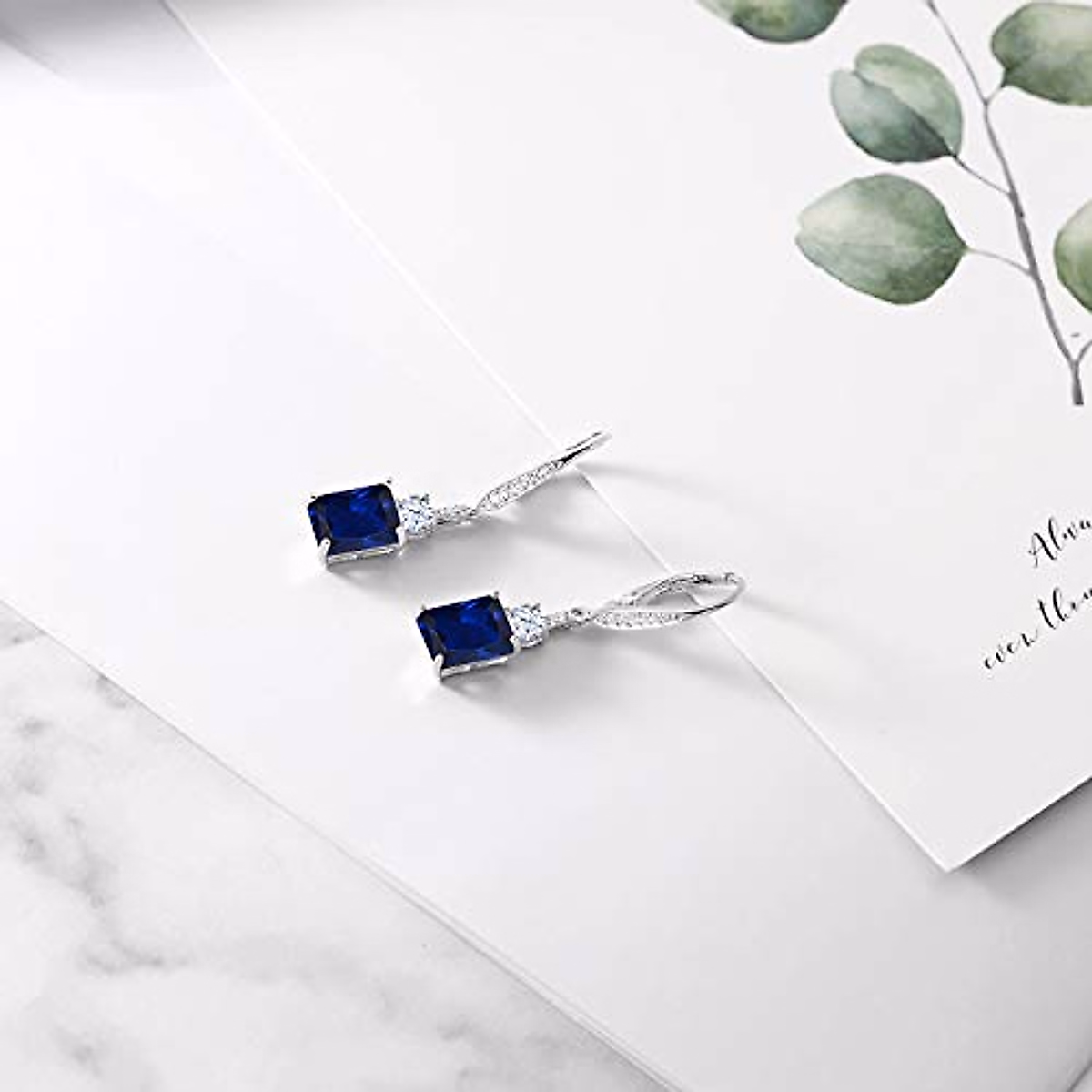 Gem Stone King 925 Sterling Silver Blue Created Sapphire Dangle Earrings For Women (5.40 Cttw, Gemstone September Birthstone, Octagon 9X7MM)