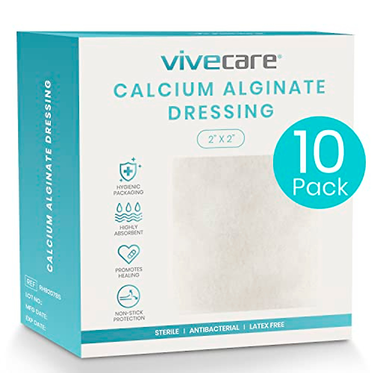 ViveCare Calcium Alginate Wound Dressing (10 Pack) - Individually Wrapped, Sterile Gauze Pads - Absorbent Sterile Patches for Ulcer, Bed Sore, G Tube, & Diabetic Foot - Non-Stick Burn Treatment