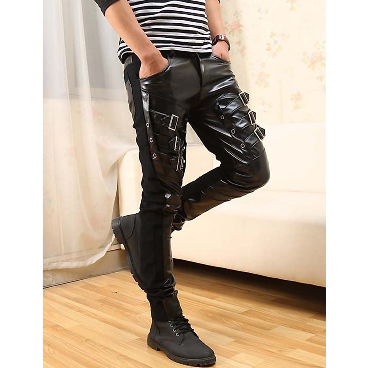 Idopy Men`s Rock Punk Hip Hop Faux Leather Motocycle Pants (32W x 41L, Black)