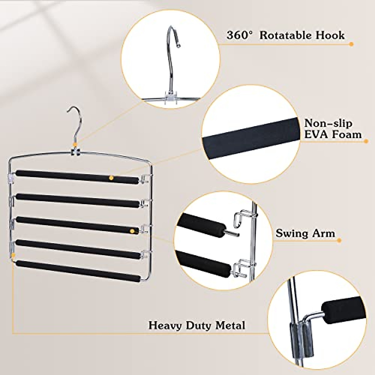 TOPIA HANGER Pants Hangers Space Saving, 2-Pack Swing Arm Pants Organizer for Closet, Non-Slip Foam Padded Organizer Hanger for Multi Slacks, Jeans, Trousers, Skirts, Scarfs, Black-CT08B