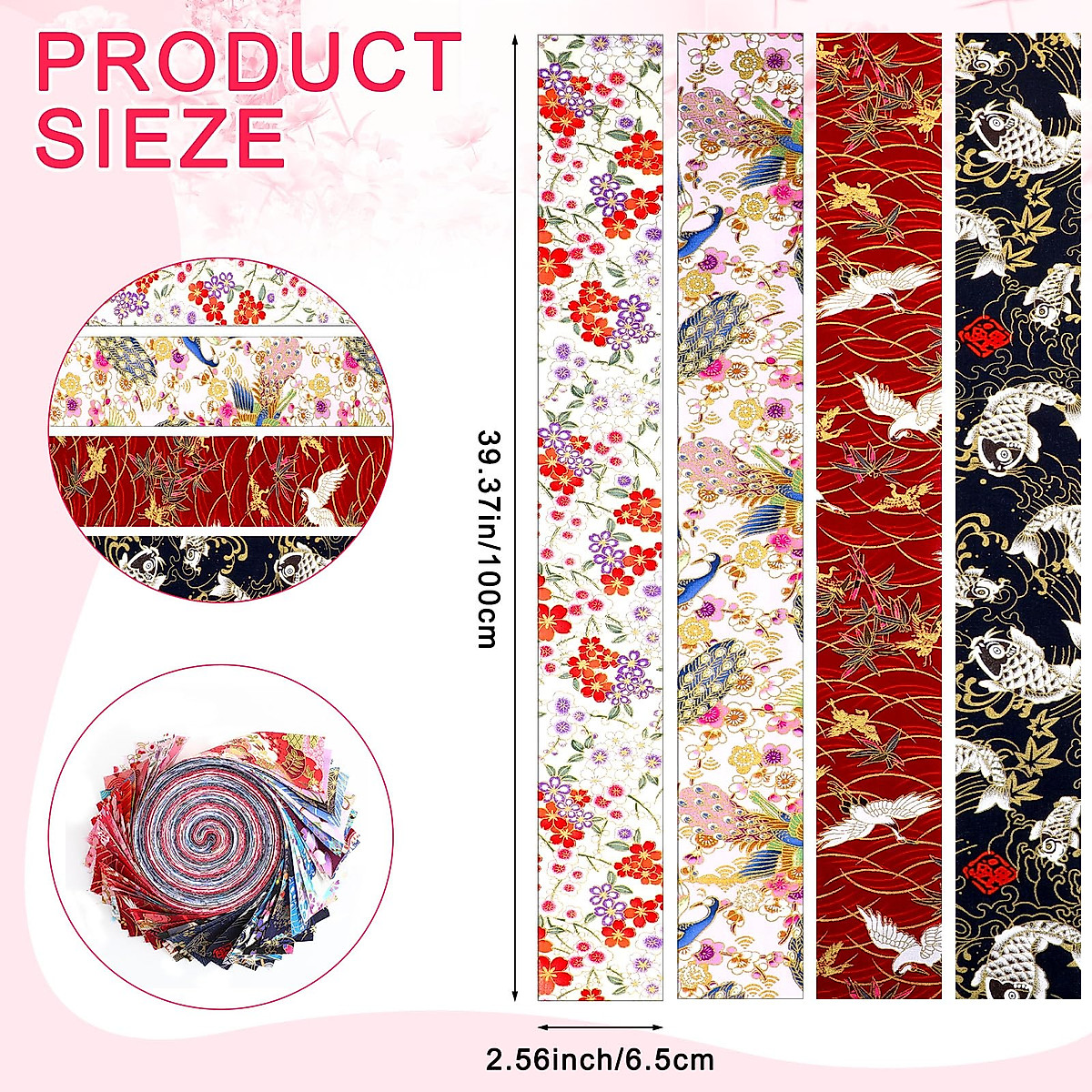 Peryiter 40 Pcs Cotton Jelly Fabric Roll Quilting Strips Different Patterns Patchwork Craft Sewing Supplies for Quilters Crafting Sewing DIY Crafts, 39.37 x 2.56 Inches(Japanese)