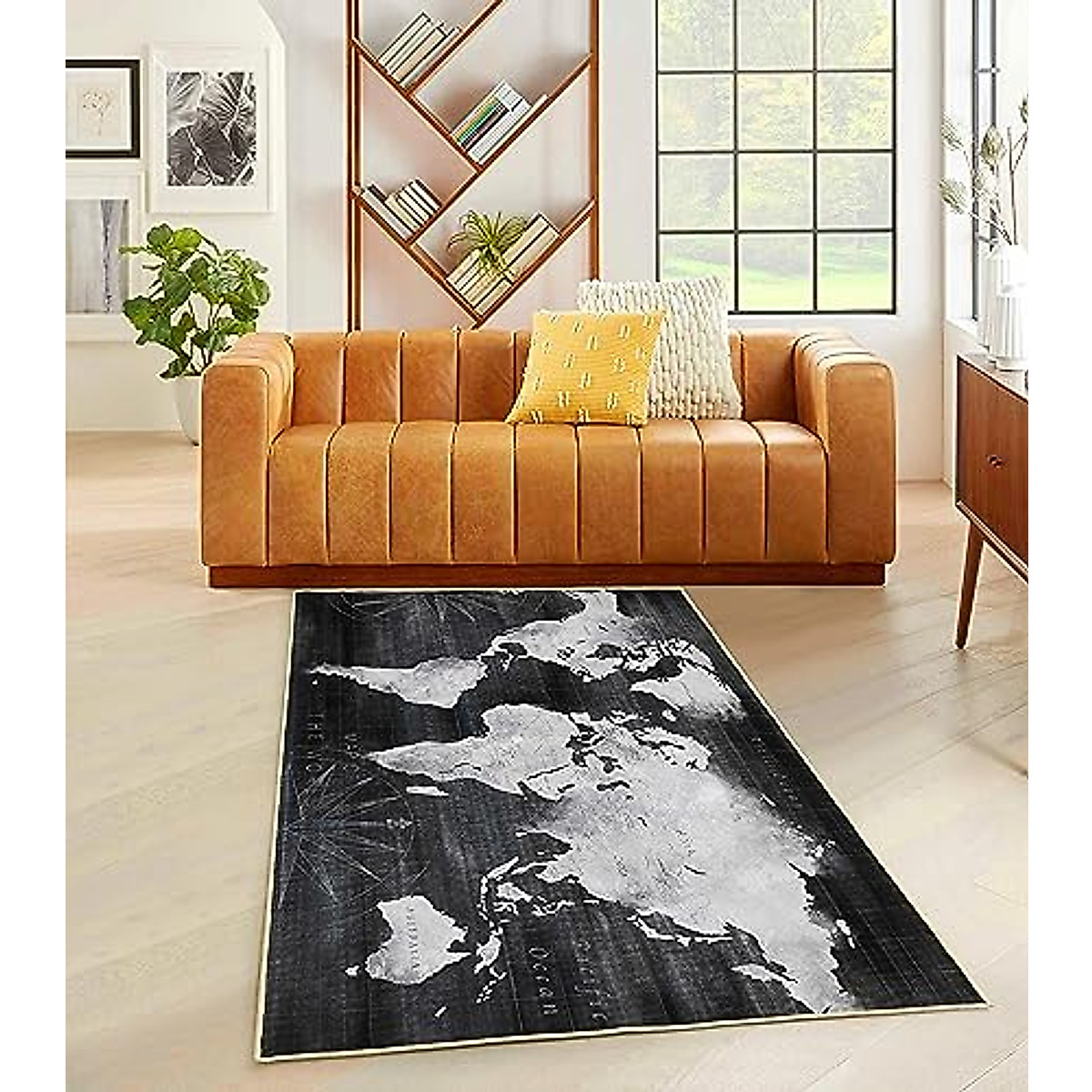 Black Area Rugs for Bedroom, Living Room, World Map Modern Abstract Non-Slip Area Rug Distressed Floor Carpet, 8 x 10 feet