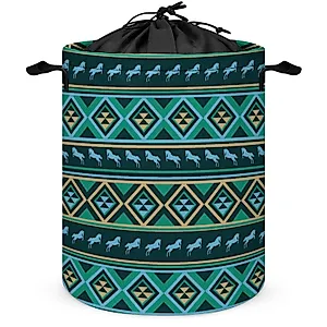 Large Laundry Basket, Teal Green Native American Tribal Ethnic Western Horse Collapsible Drawstring Laundry Hamper, Waterproof Storage Baskets with Handles for Household Bedroom, Bathroom, Dorm
