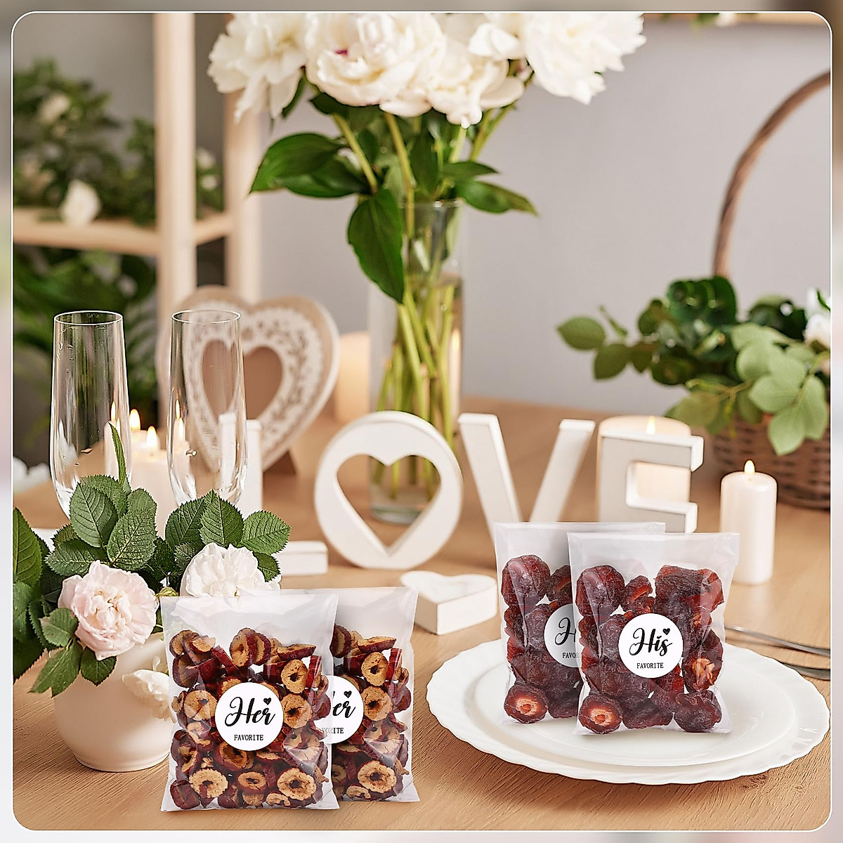 AIOMOB 100 Set His Her Favorite Stickers Candy Bags Wedding Favor Stickers 4x6 Inches Self Sealing Cellophane Bags for Wedding Favor Labels Guest Welcome Bag Stuffers Bulk