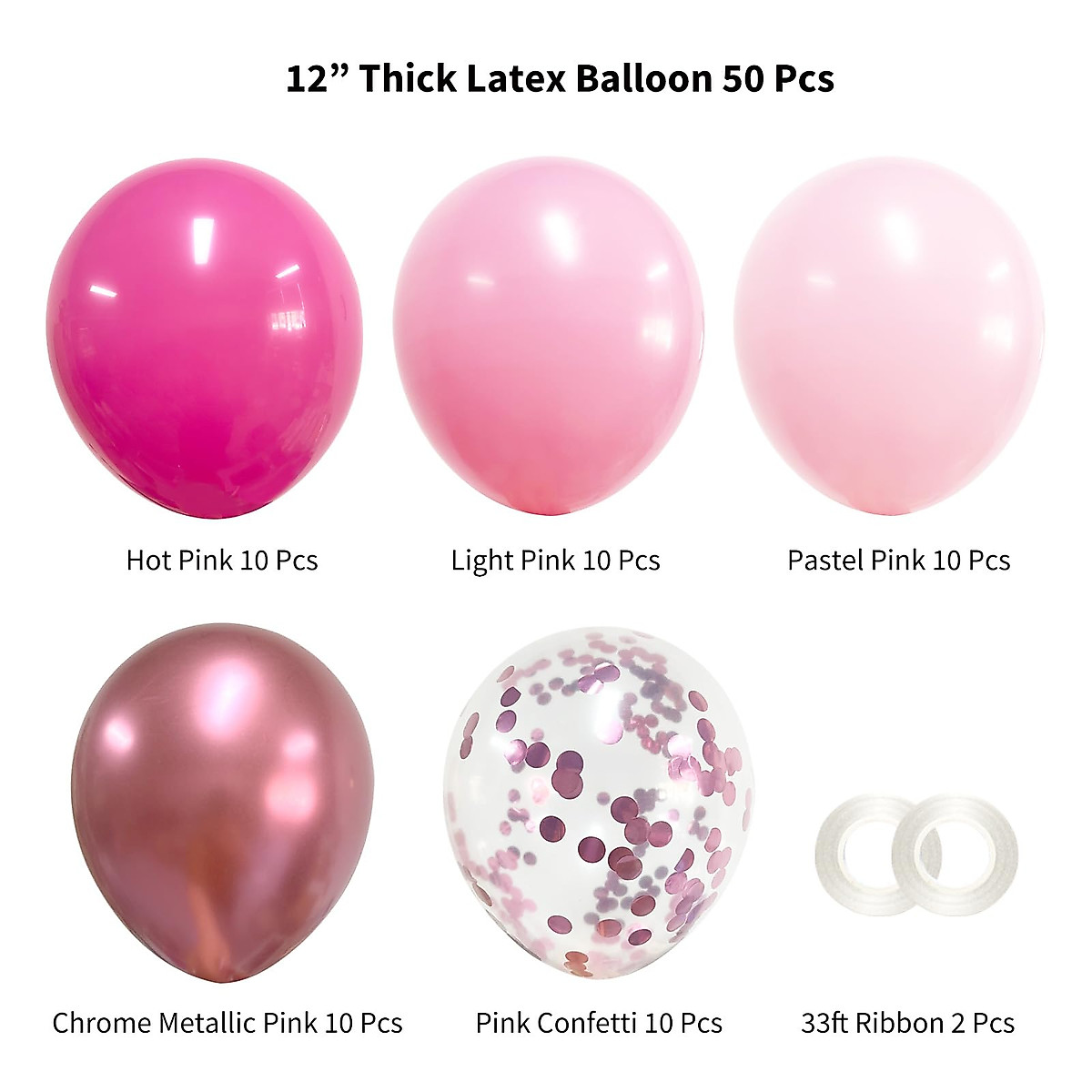 ANSOMO Pink Latex Balloons Party Decorations 12 Inch 50 Pcs Hot Pink Pastel Confetti Metallic Chrome Blush Ribbons Wedding Birthday Bridal Baby Shower Bachelorette Décor Supplies Girls Women