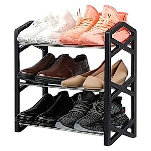 NiHome 3-Tier Shoe Rack Multifunctional Sturdy Steel Organizer Compact Small Size Lightweight 6 Pairs Footwear Freestanding Shelf for Closet Hallway Entryway Living Room Bedroom X Shape Frames (Black)