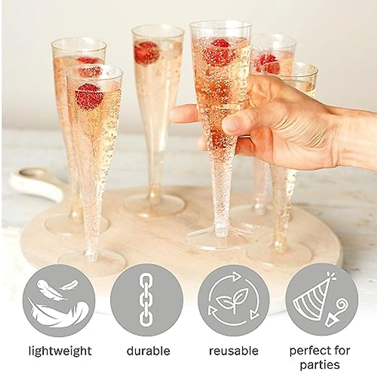 MATANA 120 Silver & Gold Glitter Plastic Champagne Flutes, 5 Oz Plastic Champagne Glasses for Parties, Clear Plastic Toasting Glasses, Mimosa Glasses, Wedding Party Cocktail Cups, Reusable | Bulk Pack
