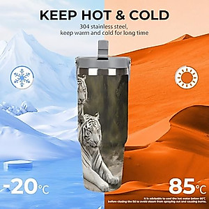 WITHSBKK 30oz Car Cup White Tigers Printed with Portable, Stainless Steel Travel Mug, Vacuum Insulated Tumbler And Straw, Leakproof for Car & Outdoor, UV Printed Design
