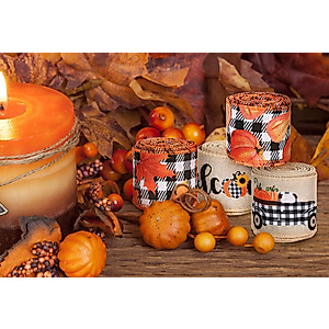 Whaline 30 Yard Fall Thanksgiving Wired Edge Ribbon White Black Buffalo Plaids Ribbon Autumn Leaves Pumpkin Truck Craft Ribbon Rustic Vintage Farmhouse Wrapping Ribbon for Wreath Floral Bow, 4 Rolls