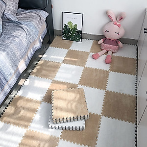 easycustomerlee 12pcs Interlocking Carpet Shaggy Soft EVA Foam Mats Fluffy Rugs Protective Floor Tiles Exercise Play Mats for Children Kids Room Home Parlor Bedroom(Khaki)