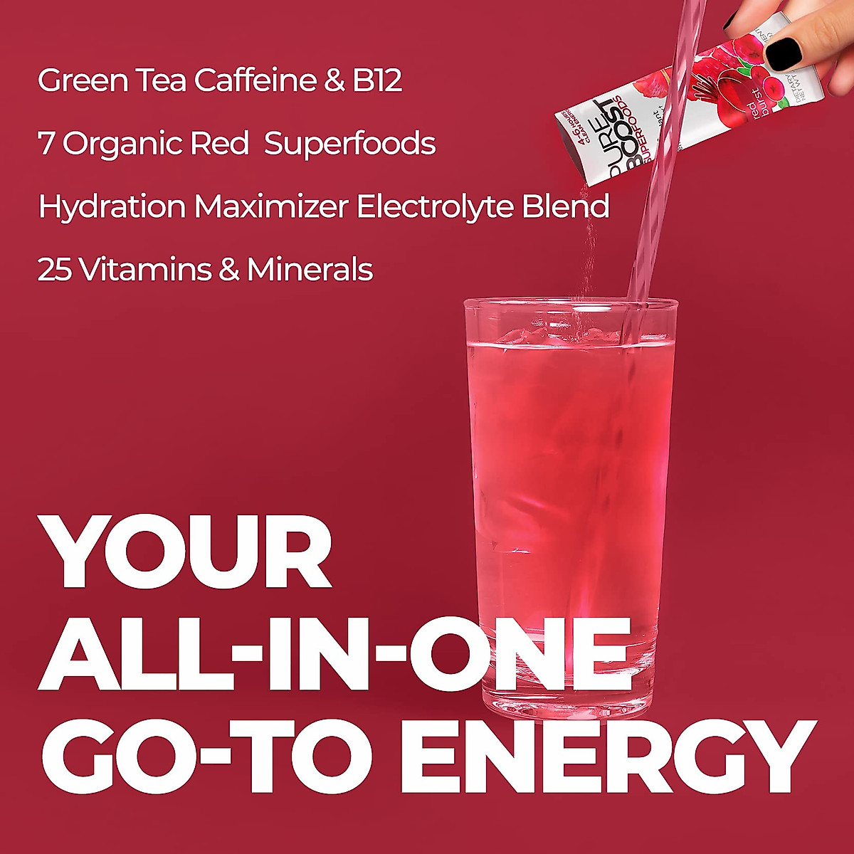 Pureboost Superfoods Clean Energy Booster, Refreshing Energy Drink Mix with 7 Organic Red Superfoods; Beet, Hibiscus, Pomegranate and Vitamins. Sugar-Free, No Sucralose (Red Burst, 30 Count)