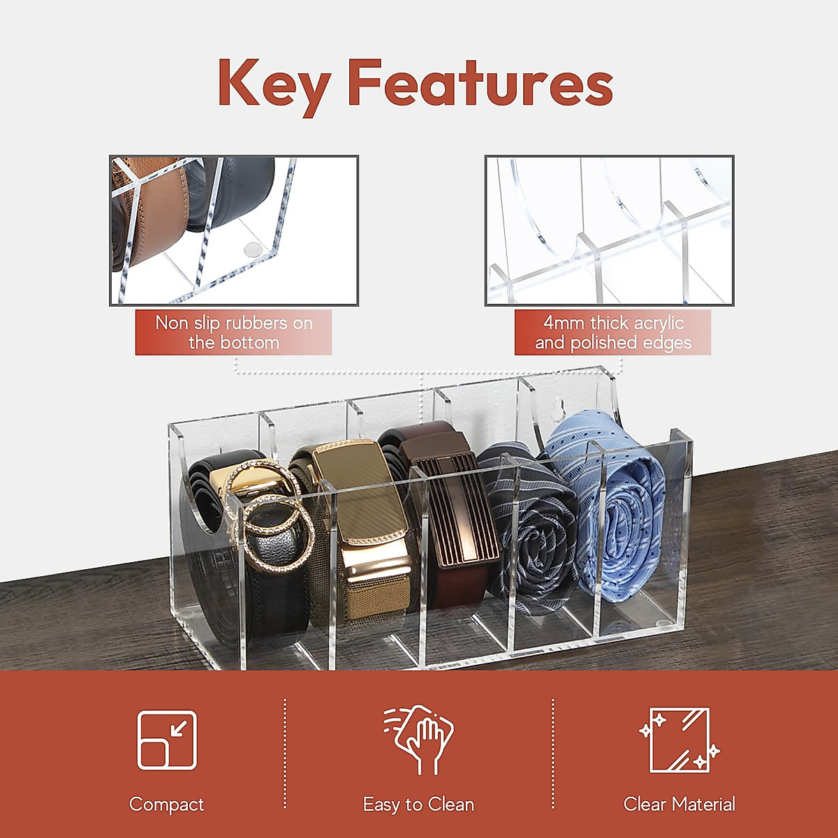 PROKTIK Acrylic Belt Organizer - 5 grid Belt Holder – Wall Mount Belt Storage – Tie and Belt Organizer for Closet and Drawer – Belt Display - Organizer for Belts, Ties, Watches, Cosmetics, Underwear