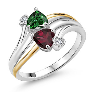 925 Silver and 10K Yellow Gold Green Nano Emerald Red Rhodolite Garnet 2 Heart Promise Couple Engagement Mother Lab Grown Diamond Ring (1.07 Cttw, Gemstone Birthstone, Available In Size 5, 6, 7, 8, 9)