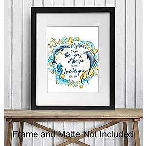 Ocean Dolphins Bible Verse Religious Wall Art - Inspirational Quote Christian Scripture Room Decoration for Bathroom, Bedroom - Nautical Beach House Poster - Mightier Than the Waves Blue Wall Decor