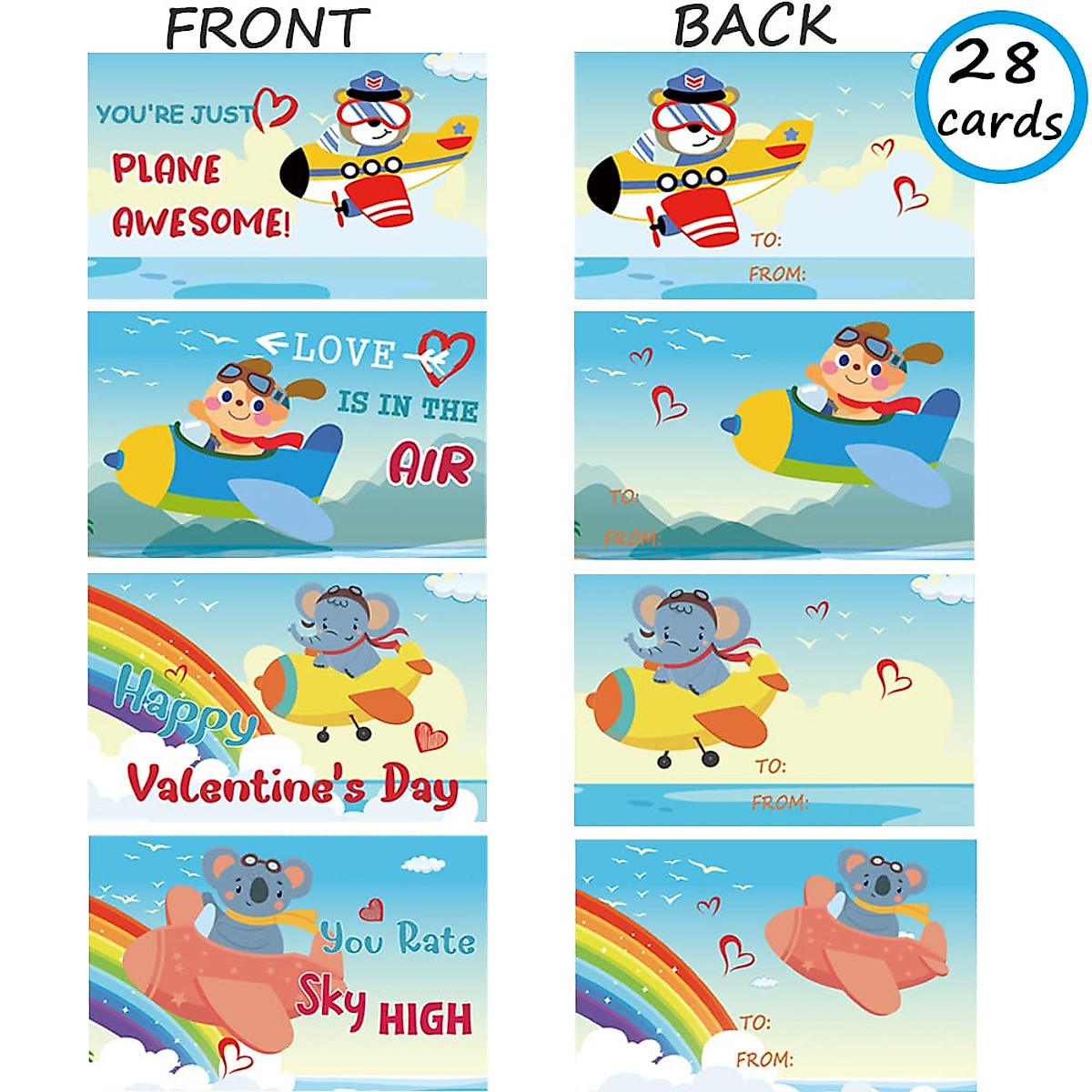 WODMAZ 28 Pack Valentines Day Cards for Kids, 7 Different Designs Foam Airplanes with Valentines Gift Cards for Boys Girl School Classroom Exchange Prize, Fun Planes Valentines Party Favors Toys