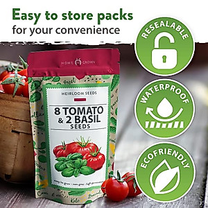 Heirloom Tomato Seeds for Planting (10pk) w/Basil Seeds | 100% Non-GMO Tomatoes: Cherry, Roma, Beefsteak, Zebra, Yellow Plum, Amish Paste, Cherokee, Krim, Italian Basil, Thai Basil Seed