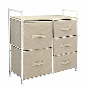 Nightstand Bedside Table Drawer Cabinet Dresser Storage Shelf W 5 Fabric Drawers Metal Frame Wooden Tabletop Bedroom Modern and Simple Style Storage Tower Dresser