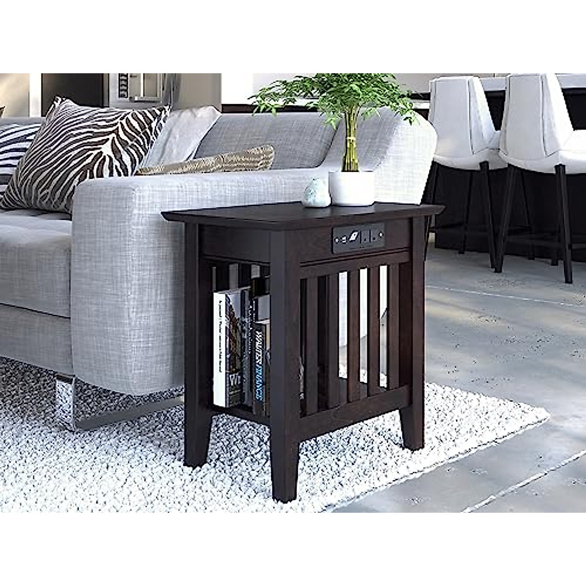 AFI Mission Chair Side Table with Charging Station in Espresso