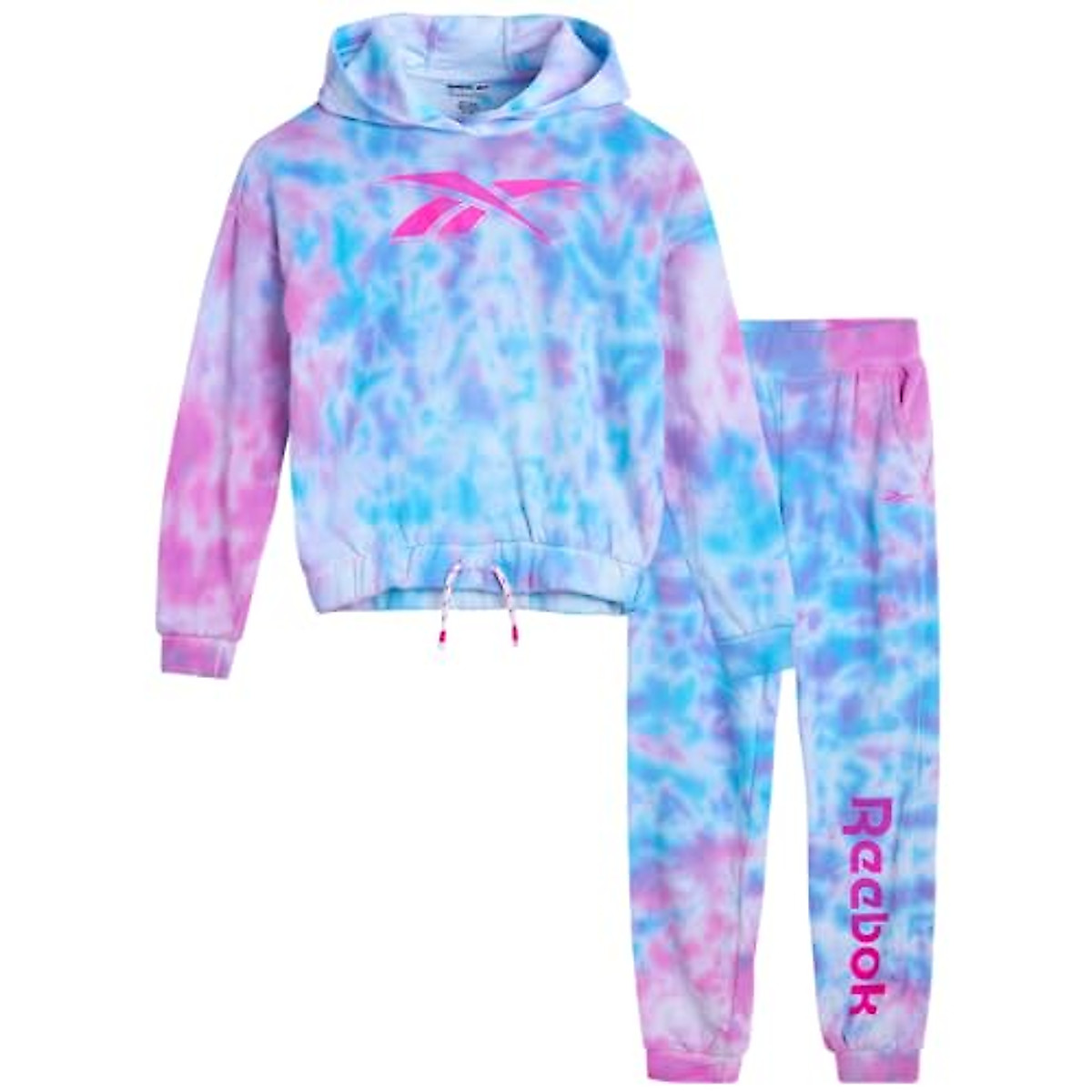Reebok Girls Sweatsuit - 2 Piece Performance Fleece Sweatshirt and Jogger Sweatpants - Tie Dye Activewear Set for Girls, 7-12, Size 8, Tie Dye Pink