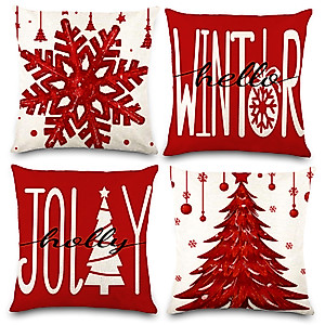 DIYDEC 4PCS Christmas Pillow Covers 18x18 inch Winter Throw Pillow Covers Red Christmas Tree Snowflake Pillow Covers Hello Winter Holly Jolly Decor Cushion Case for Holiday Home Sofa Couch