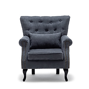 Accent Chairs, Mid Century Modern Armchair with Rivet Roll Arm, Brushed Linen Tufted Wingback Boho Chair for Living Room, Bedroom, Lounge, Vanity, Reading (Gray)