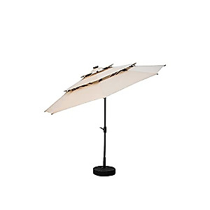 PUPZO 10FT 3 Tiers Sunbrella Patio Solar 32 LED Lighted Umbrella Outdoor with 8 Ribs (KHAKI)