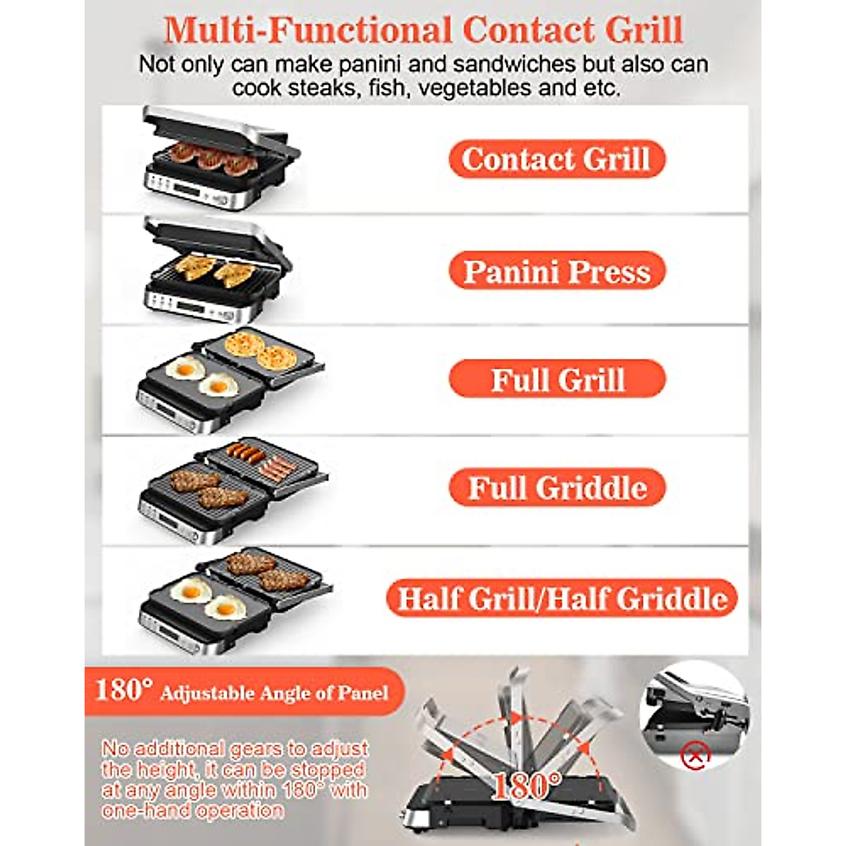 5 in 1 Indoor Grill, Panini Press Grill Sandwich Maker, CATTLEMAN CUISINE Electric Contact Grill and Griddle with Removable Nonstick Grill Plates, Smart Probe, LCD Display, Stainless Steel, 1600W