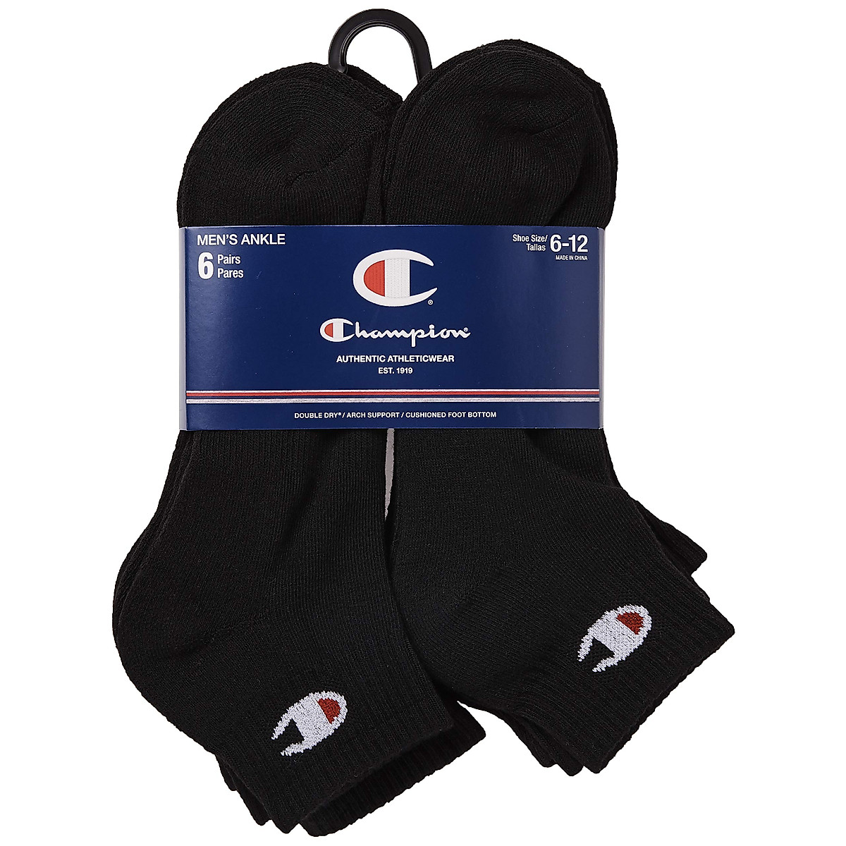 Champion Men's Double Dry Moisture Wicking Ankle Socks 6, 8, 12 Packs Availabe, Black-6 Pack, 6-12