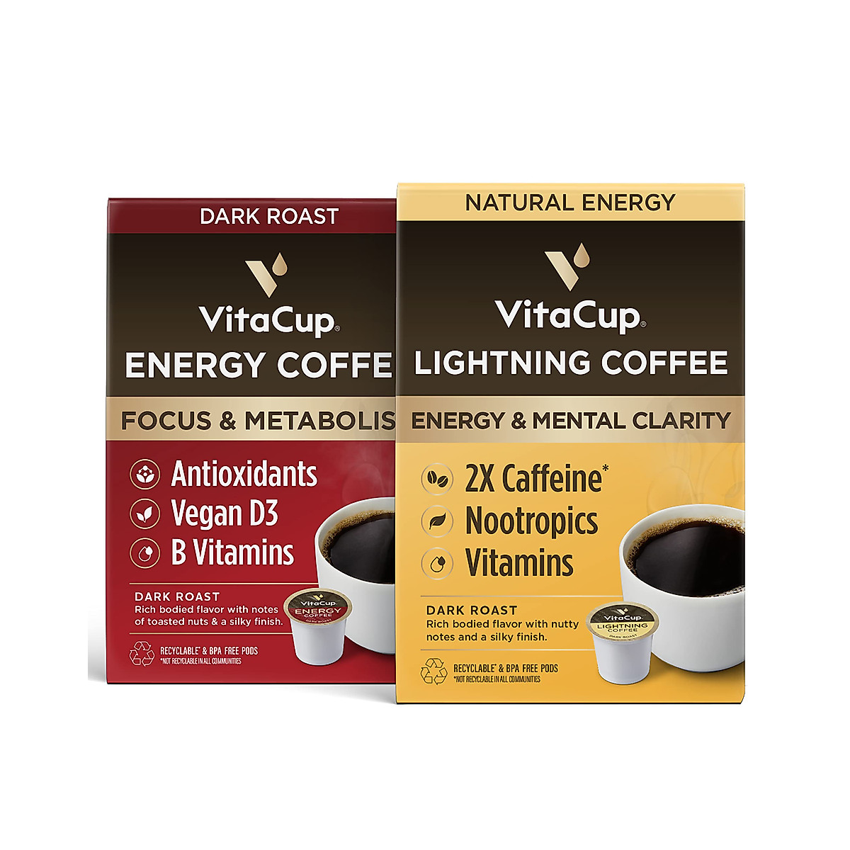 VitaCup Lightning Coffee Pods, Enhance Memory & Focus w/ 2X Caffeine,16CT | Energy Dark Roast Coffee Pods, Boost Focus & Metabolism, Antioxidants, B Vitamins, Bold & Smooth 16CT