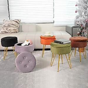 YLCHHOMY Round Vanity Stool with Storage, Velvet Storage Ottoman Footrest Stool Chair Holds up to 300 lb Small Soft Makeup Stool Modern Dressing Stool for Bedroom, Living Room, Bathroom -Orange