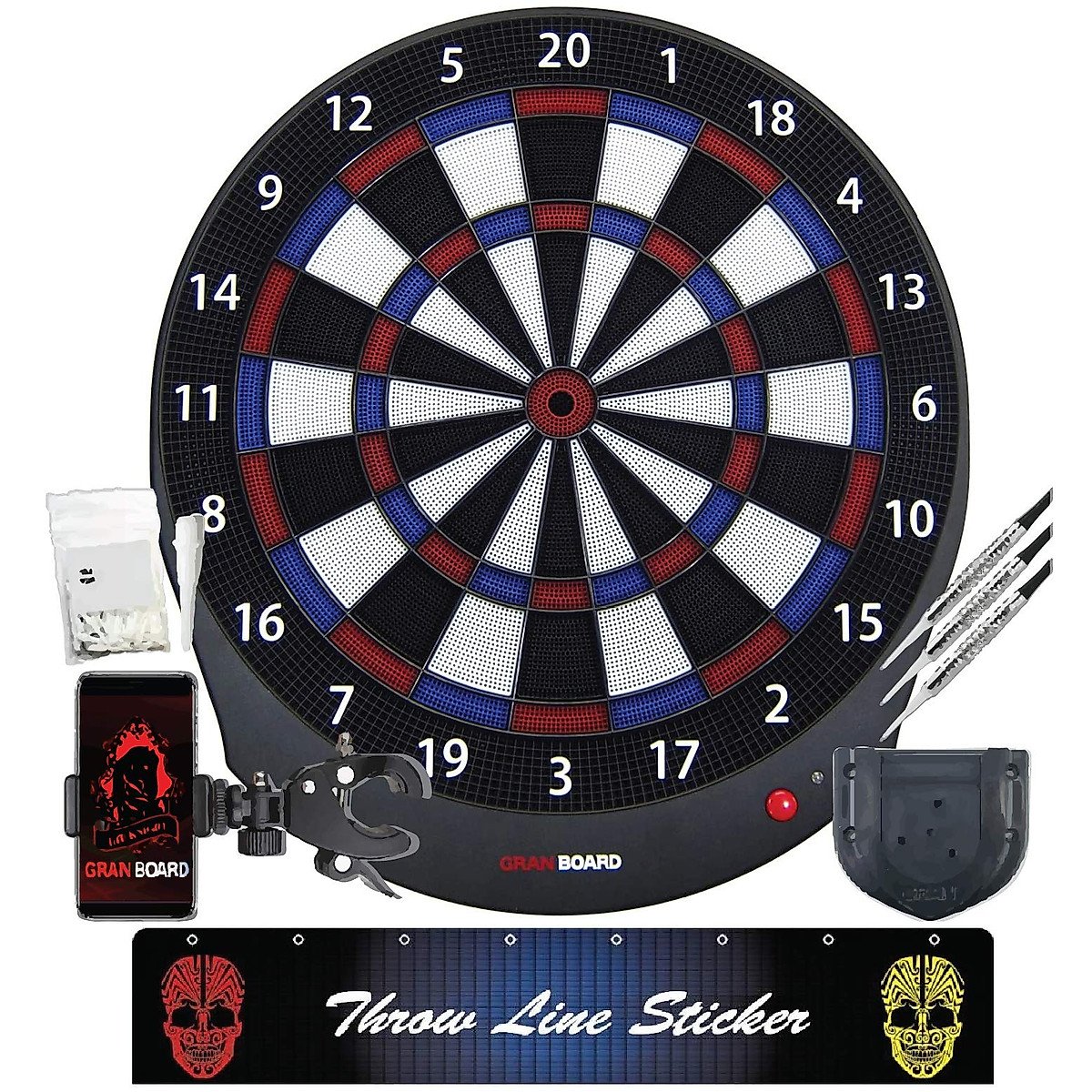 GRAN BOARD Dash Blue Online Bluetooth Smart Dartboard for Adults & Game Room Package c/w -Bracket, Throw line Sticker, Smartphone Holder, Extra tip 50pcs, Fcx Dart & std Gran Dartboard Accessory