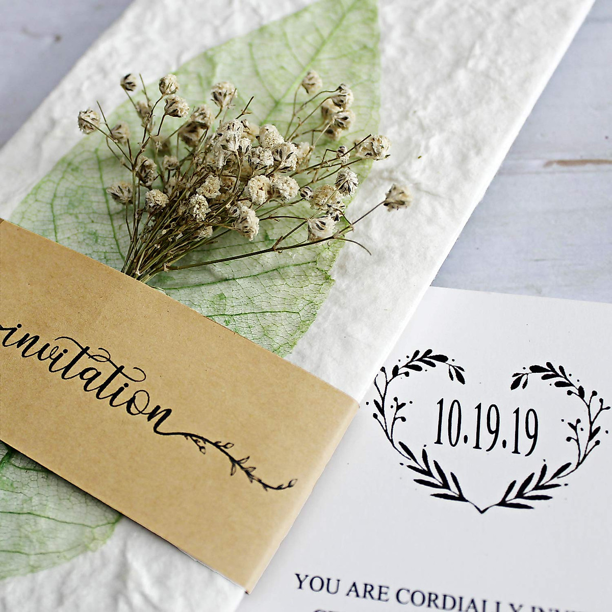Picky Bride 25Pcs Handmade Real Dry Flower Vintage Wedding Invitations with Real Leaf Vein, Unique Wedding Gifts Rustic Invite Cards for Your Stylish Wedding Theme 10 x 20cm
