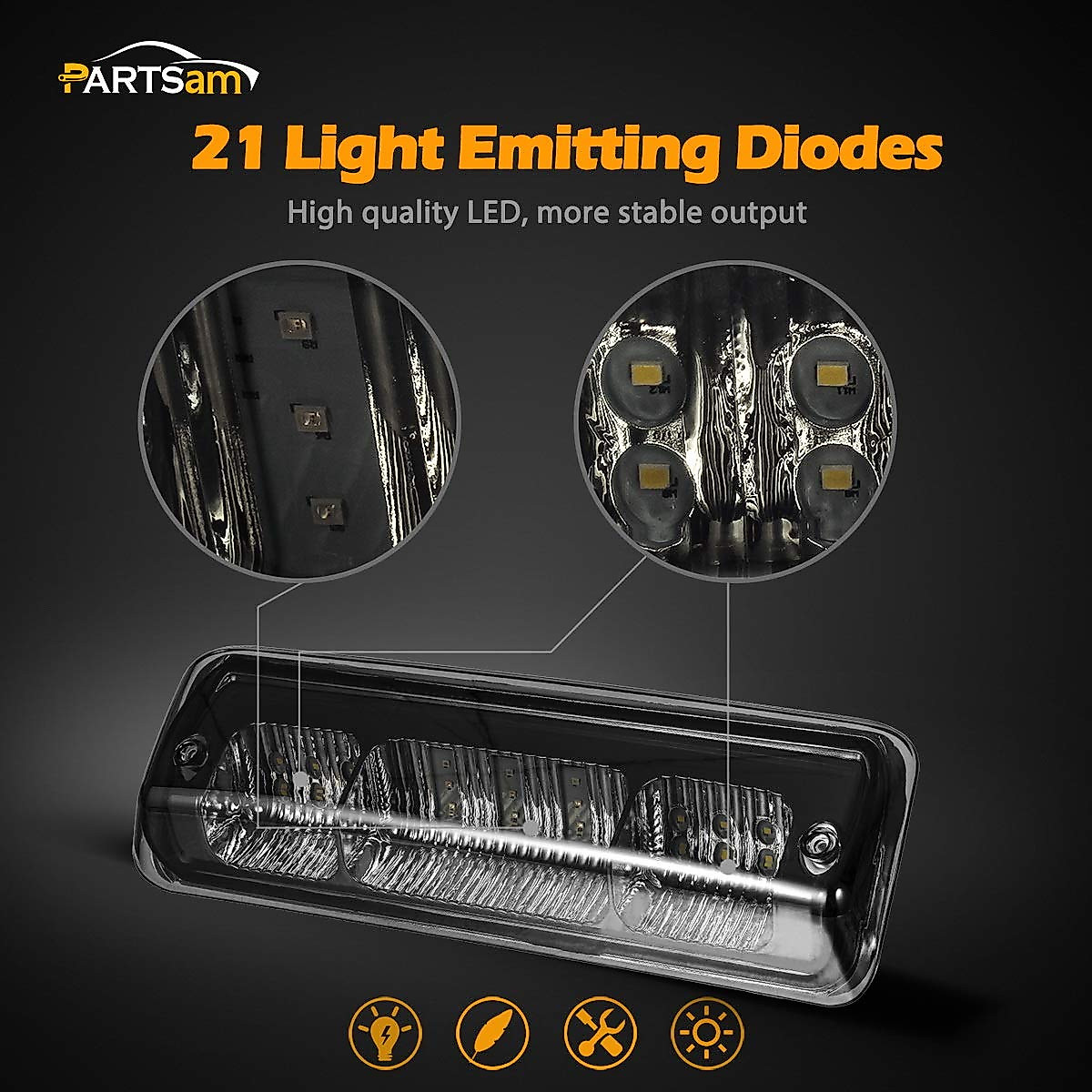 Partsam Replacement for F150 F-150 2004 2005 2006 2007 2008 High Mount Stop Light 3rd Third Brake Light Smoked LED Rear Cab Roof Center Mount Brake Tail Cargo Light Lamp Chrome Housing w/3 Plugs