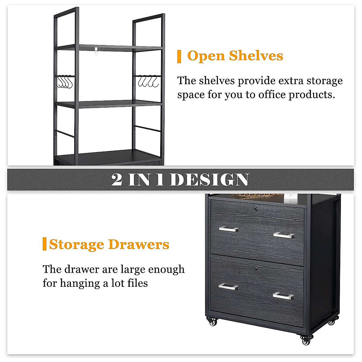 VINGLI 65.7" H 2 Drawer File Cabinet with Lock, Freestanding/Rolling File Cabinets for Home Office, Wood Black File Cabinet with Shelves Compatible with Both Letter and Legal Size Folders