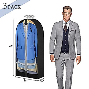 FADOTY 40" Garment Bags for Hanging Clothes 6.3" Gusseted Hanging Garment Bag for Storage Jacket Covers for Closet with Zipper Clear Garment Cover Dustproof for Coats Sweaters, 3 Pack, Black
