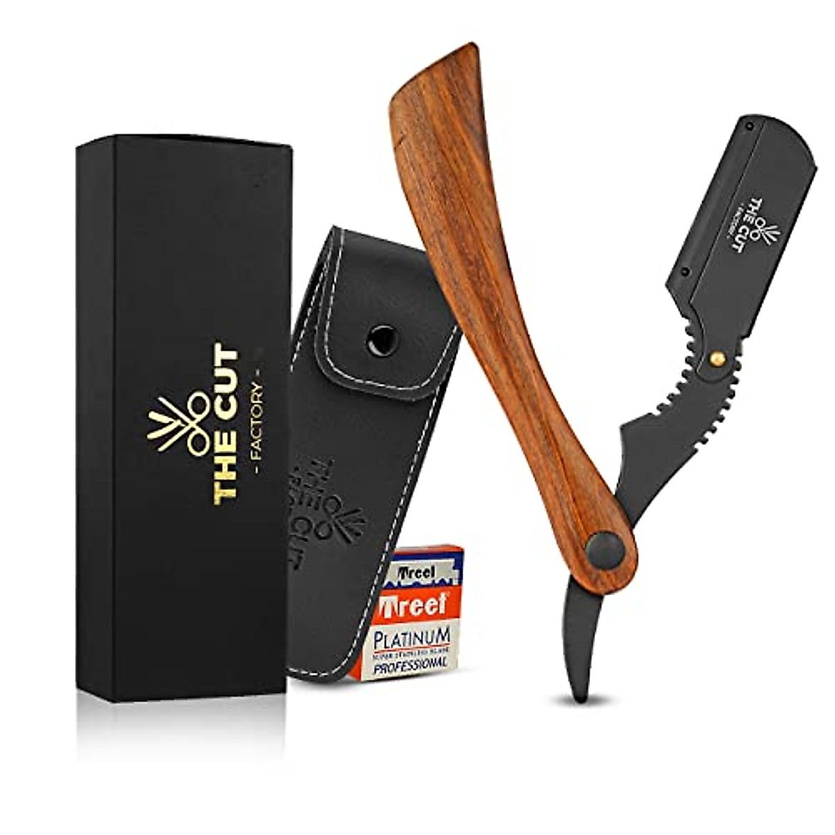 The Cut- Factory- Straight Razor with 100 Pack Platinum Treat Single Blade Razors for Men- Professional Barber Straight Edge Razor for Close Shaving 100 Percent Wood -Brown