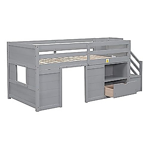 Low Loft Bed with Stairs, Twin Size Storage Loft Bed Frame with Drawers and Shelves, Kids Wooden Loft Bed with Steps for Boys Girls Teens, Gray