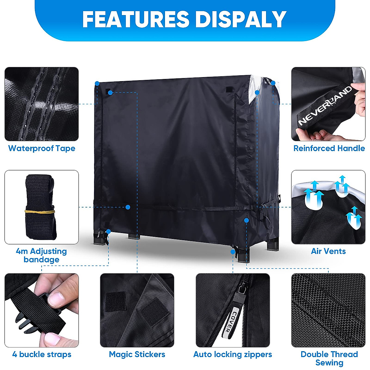 NEVERLAND Firewood Rack Cover 4ft Waterproof Outdoor Heavy Duty for Firewood Log Rack Fireplace Holder Storage Covers Black
