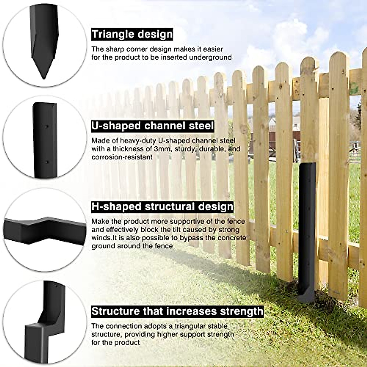 HNEDSEN Heavy Duty Steel Fence Post Repair Stake, Fence Post Anchor Ground Spike Metal for Repair Tilted, Broken Wood Fence Post