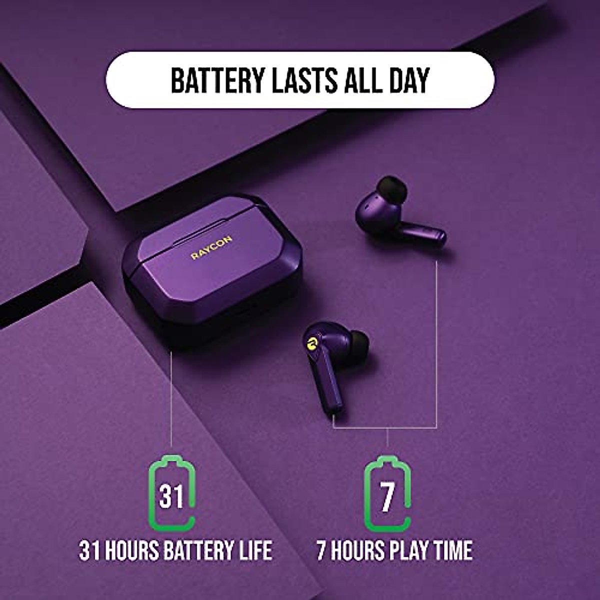 Raycon The Gaming Bluetooth True Wireless Earbuds with Built in Mic, Low Latency, 31 Hours of Battery, Charging Case with Talk, Text, and Play, Bluetooth 5.0 (Digital Purple)