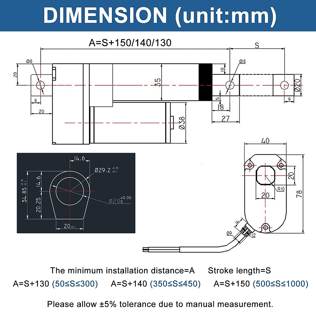 JQDML Linear Actuator 12V 28 Inch Long Stroke 660lbs/3000N Heavy Duty Speed 0.2"/sec (5mm/s) IP65 Waterproof Electric Actuator for Electric Door Opener Agricultural Machinery Electric Sunroof